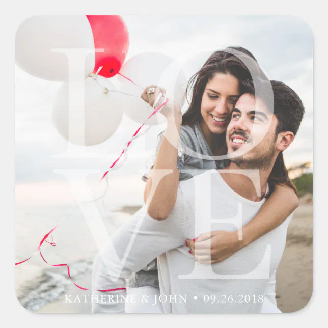 Modern "LOVE" Overlay Photo Square Sticker | Zazzle