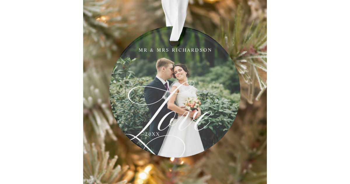 Modern Love Script Newlywed Full Photo Keepsake Ornament | Zazzle