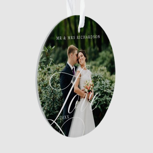 Modern Love Script Newlywed Full Photo Keepsake Ornament | Zazzle