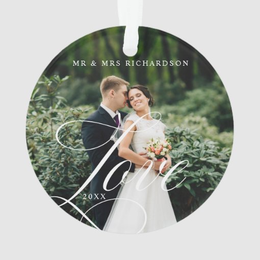 Modern Love Script Newlywed Full Photo Keepsake Ornament | Zazzle