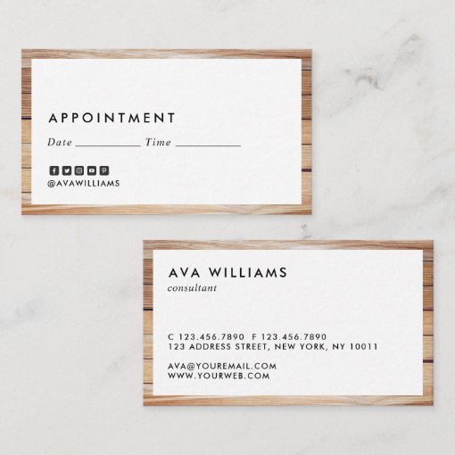 Modern Luxe Wood Border Clean Layout Appointment Business Card | Zazzle