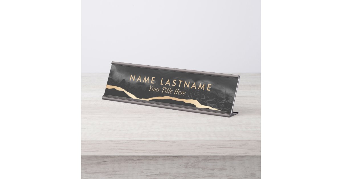 Modern Luxury Black Grey Gold Agate Marble Desk Name Plate | Zazzle