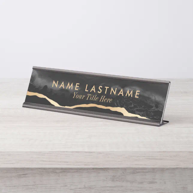 Modern Luxury Black Grey Gold Agate Marble Desk Name Plate | Zazzle