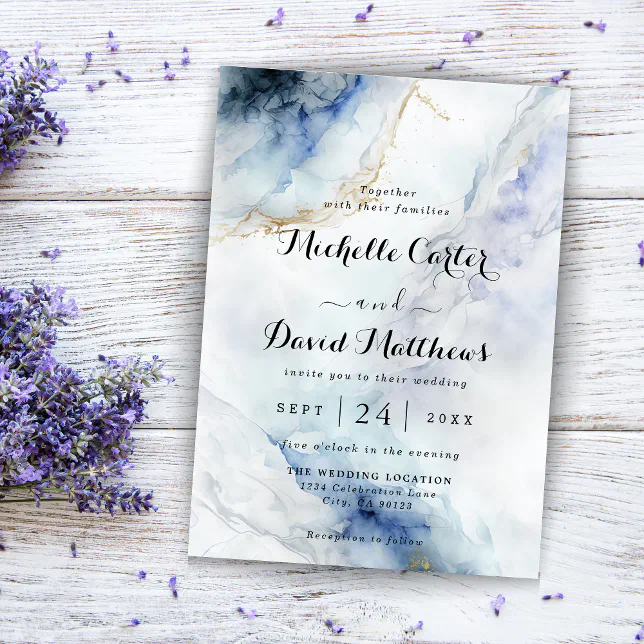 Modern Luxury Blue Marble Wedding Invitation | Zazzle