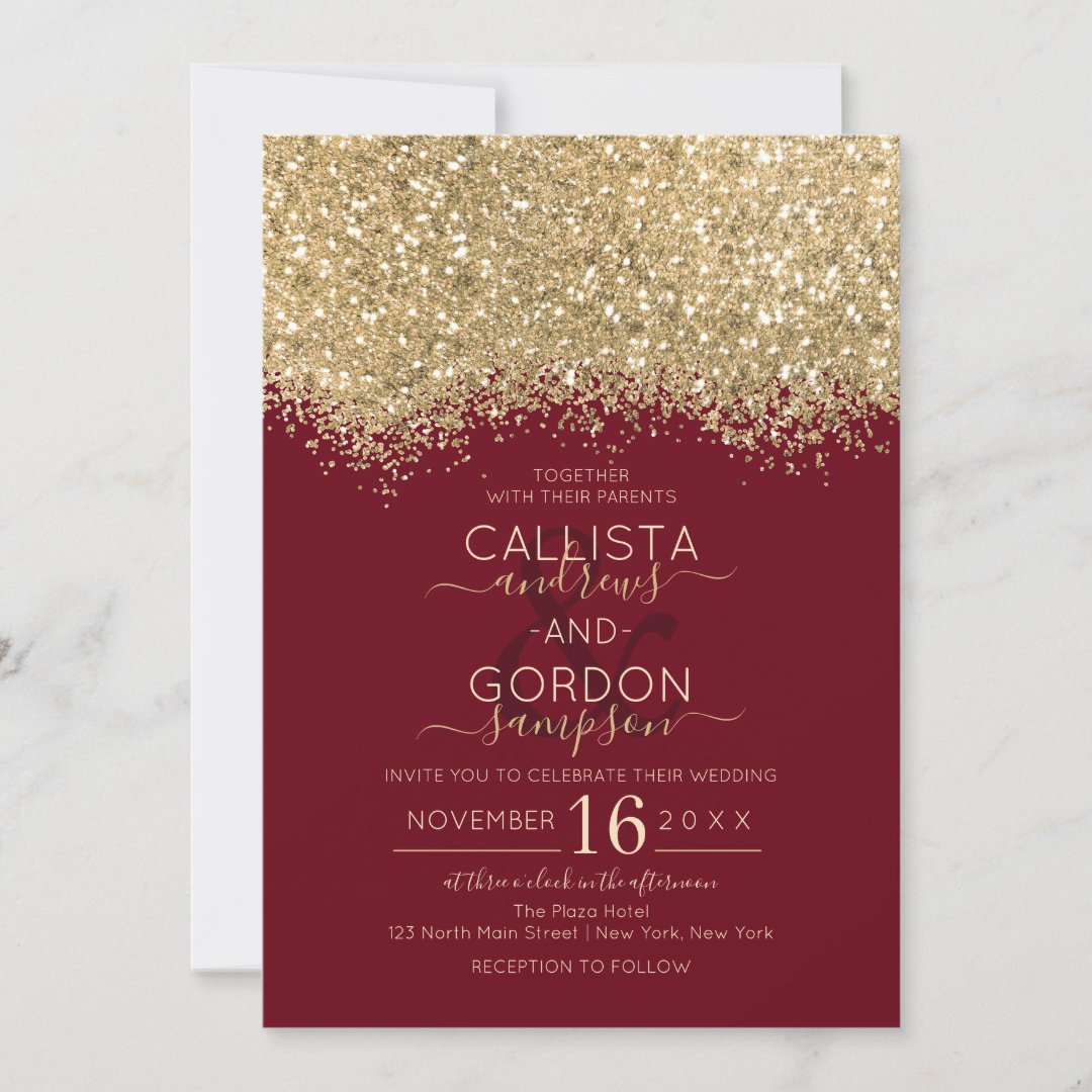 Modern Luxury Gold Red Glitter Confetti Wedding Invitation | Zazzle