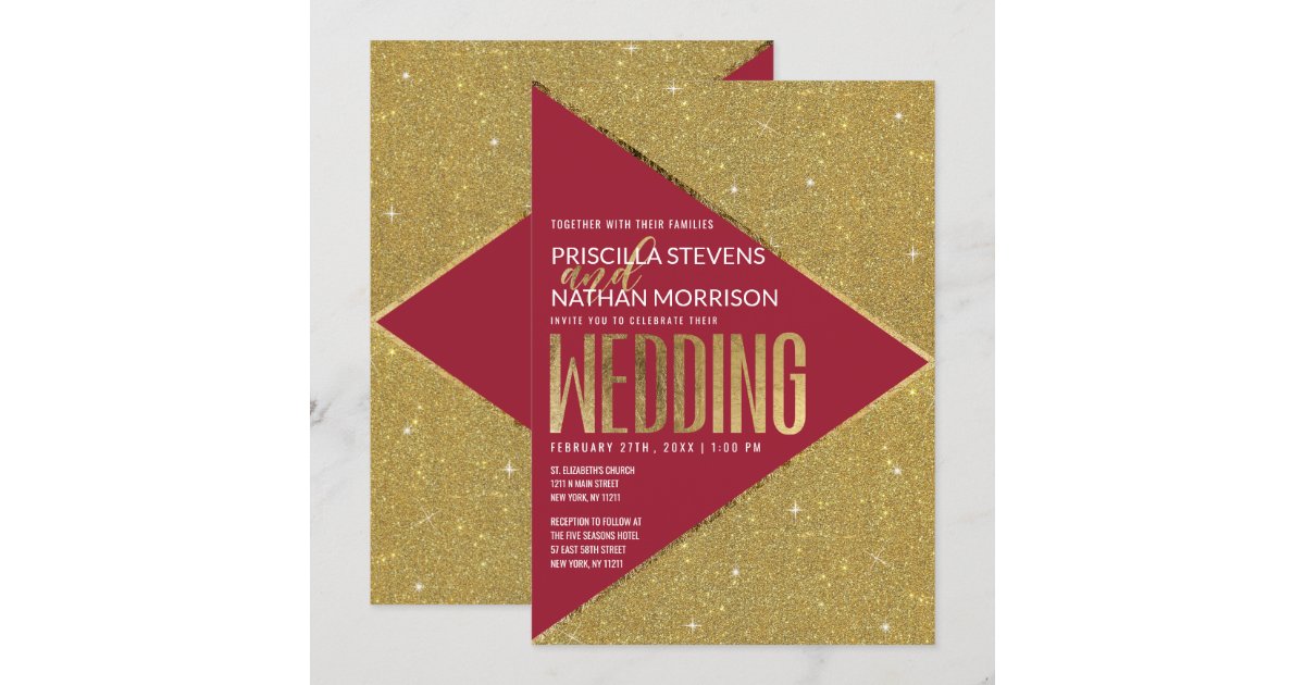 Modern Luxury Red Gold Glitter Geometric Wedding Invitation | Zazzle