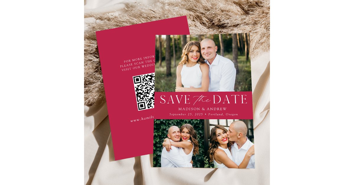 Modern Magenta 3 Photo QR Code Save The Date | Zazzle