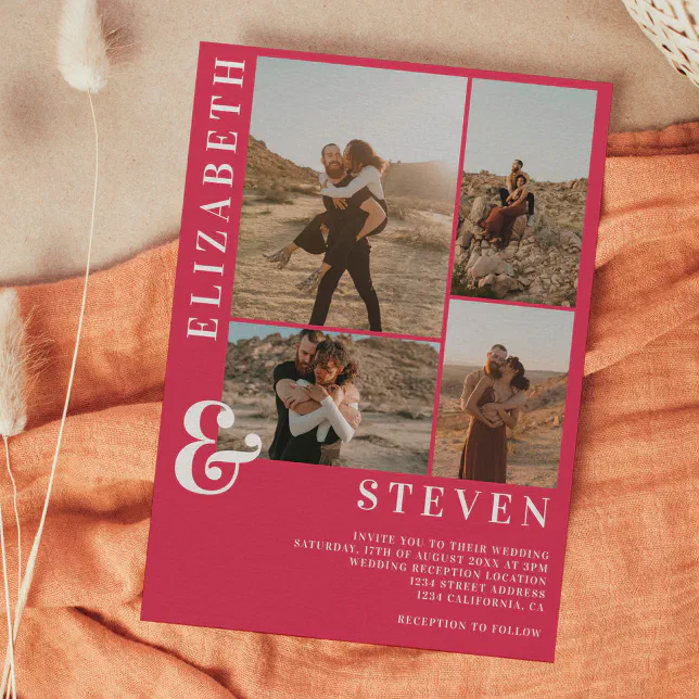Modern magenta ampersand 5 photo grid wedding invitation | Zazzle