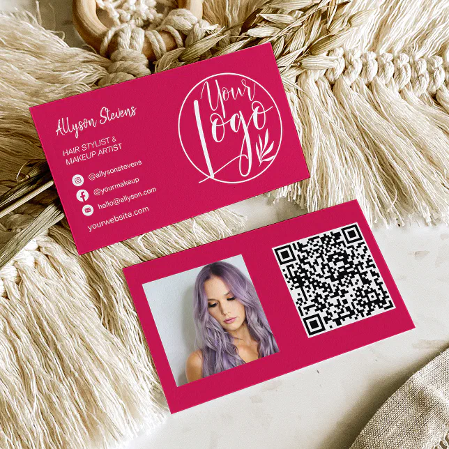 Modern magenta hair makeup photo logo qr code business card | Zazzle