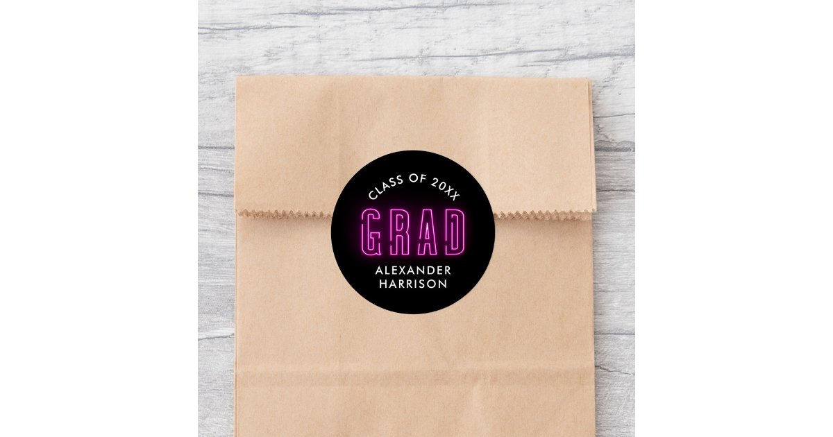 Modern Magenta Neon Graduation Classic Round Sticker | Zazzle