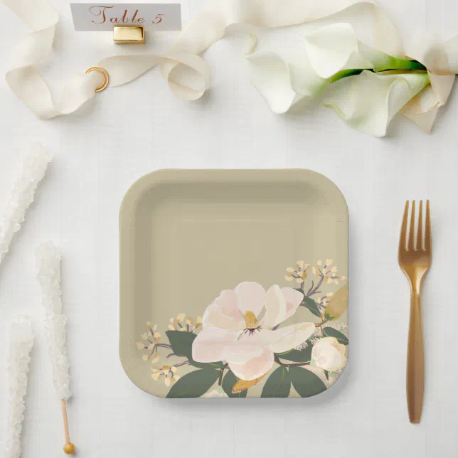 Modern Magnolia Floral Bouquet Custom Paper Plates | Zazzle