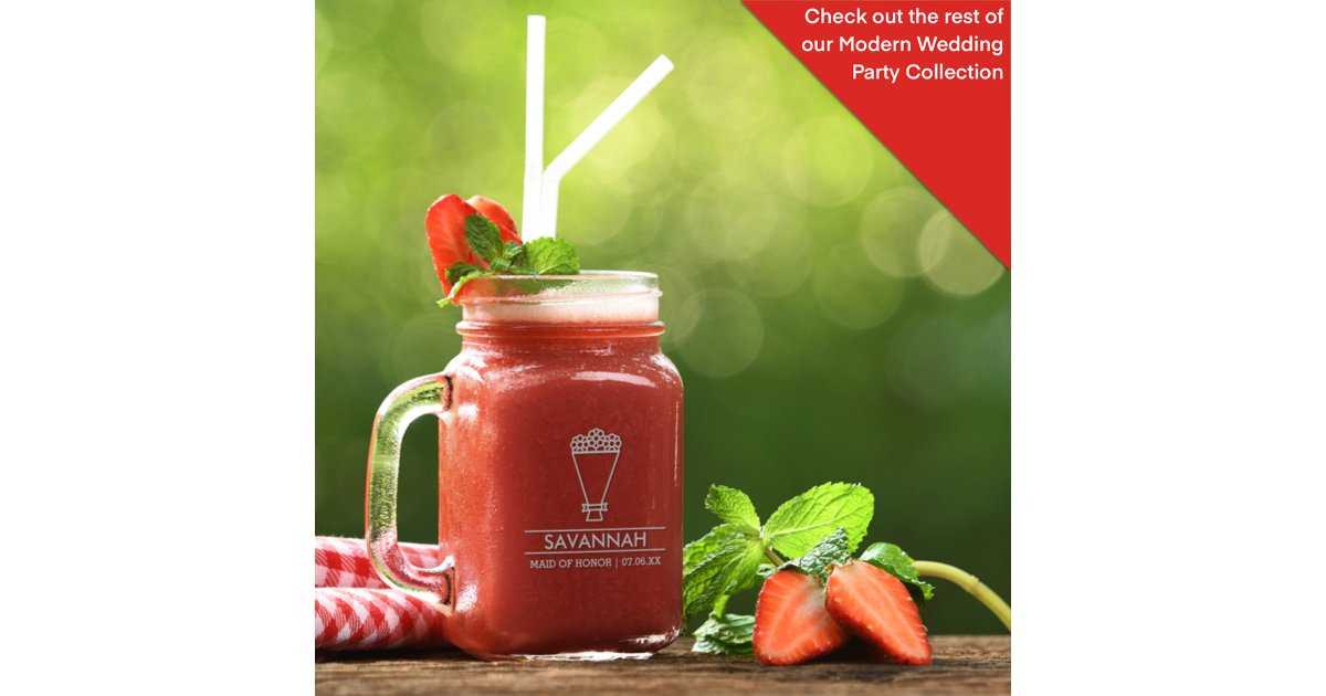 Modern Maid of Honor Custom Name with Bouquet Mason Jar W/ Handle | Zazzle
