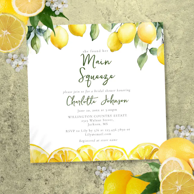 Modern Main Squeeze Watercolor Lemon Bridal Shower Invitation | Zazzle