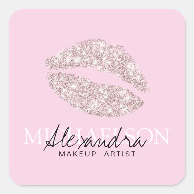 Modern makeup artist signature blush pink square sticker | Zazzle