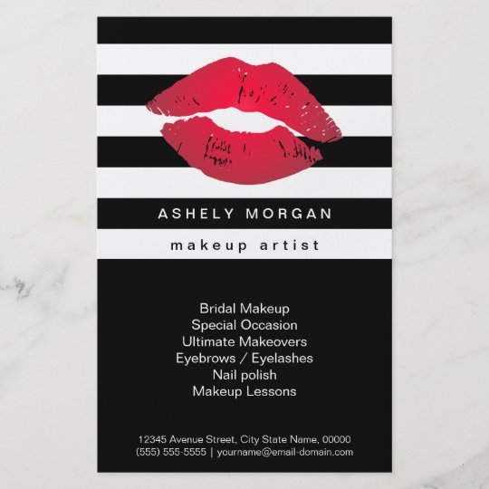 Modern Makeup Red Lips - Chic Black White Stripes Flyer | Zazzle.com