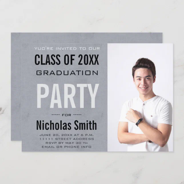 Modern Male Grad Blue Graduation Party Invitation | Zazzle