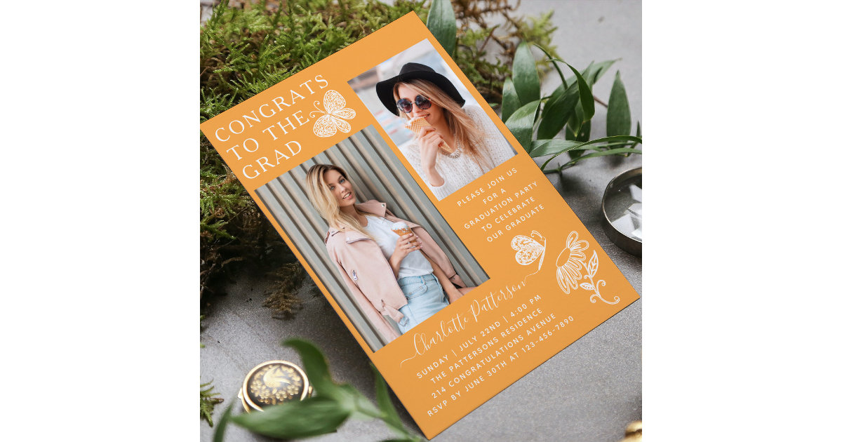 Modern Mango Butterfly Photo Graduation Party Invitation | Zazzle