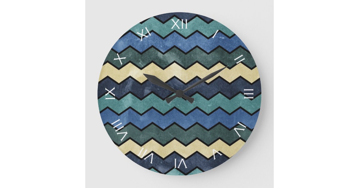 Modern Manly Blue Chevrons Large Clock | Zazzle