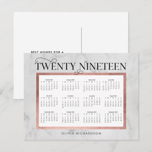 Modern Marble and Faux Rose Gold 2019 Calendar Holiday Postcard | Zazzle