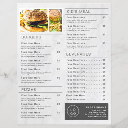Modern Marble Black & White Restaurant Photo Menu | Zazzle