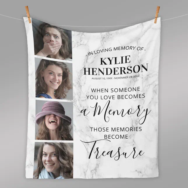 Modern Marble Remembrance Photo Memorial Fleece Blanket | Zazzle