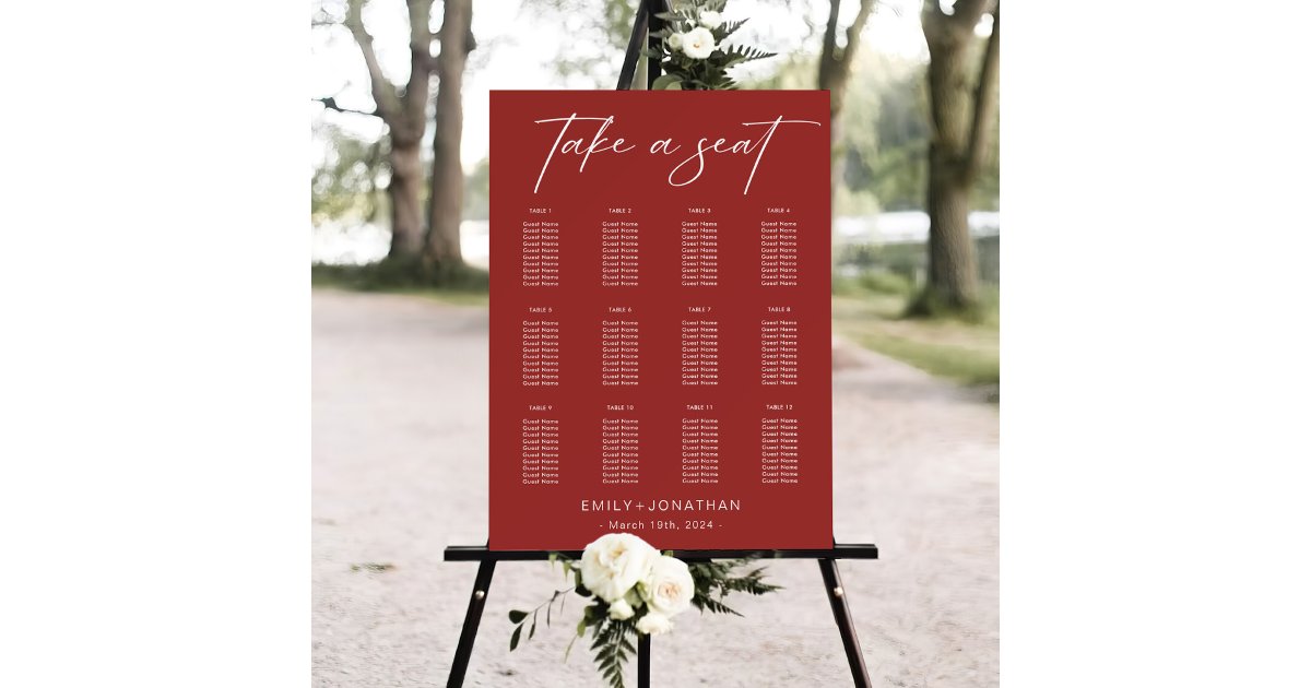 Modern Maroon Christmas Wedding Seating Chart Foam Board | Zazzle