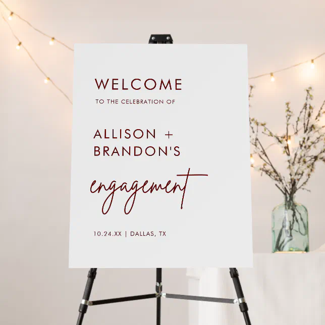 Modern Maroon Engagement Party Welcome Sign | Zazzle