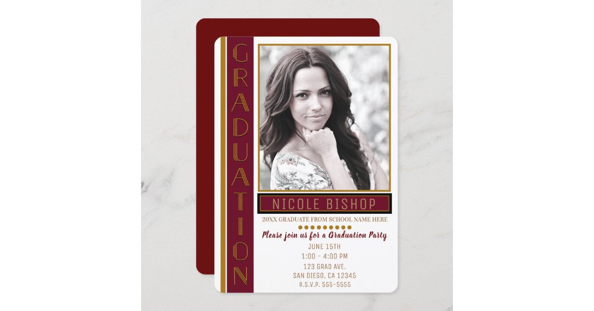 Modern Maroon Gold Graduation Party Graduate Photo Invitation Zazzle