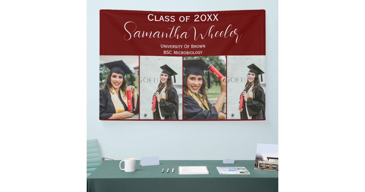 Modern Maroon Graduation Custom Photo Collage Name Banner | Zazzle