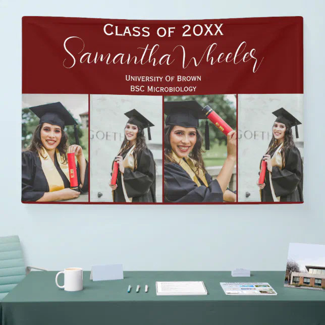 Modern Maroon Graduation Custom Photo Collage Name Banner | Zazzle