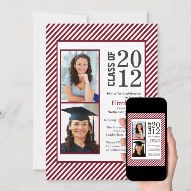 Modern Maroon Stripes Photo Graduation invitation | Zazzle