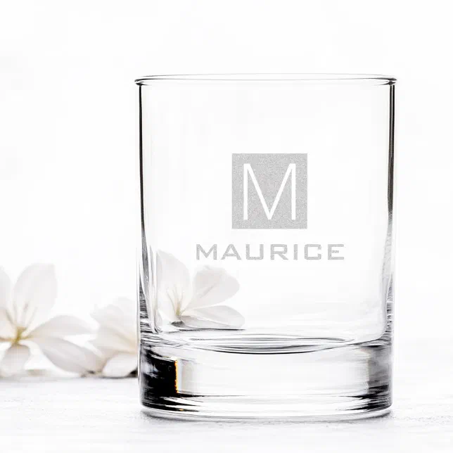 Modern masculine monogram black square rocks glass | Zazzle