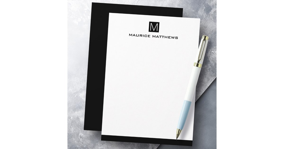 Modern masculine monogram name black square flat note card | Zazzle