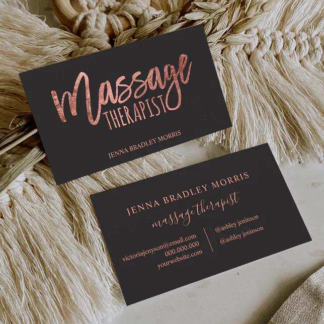 Modern massage therapist script rose gold foil business card | Zazzle
