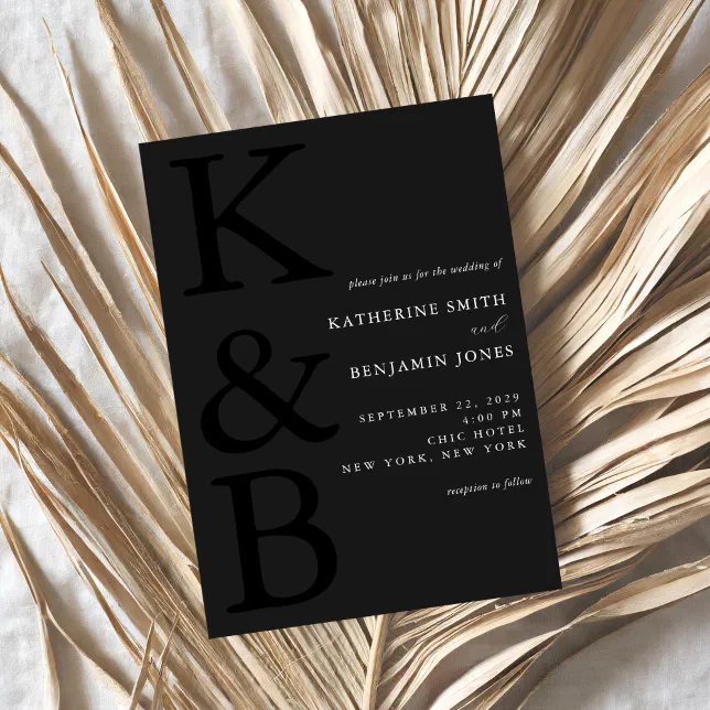 Modern Matte Black Monogram Minimalist Wedding Invitation | Zazzle