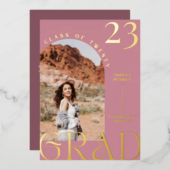 Modern Mauve Boho Chic Graduation Photo Foil Invitation | Zazzle