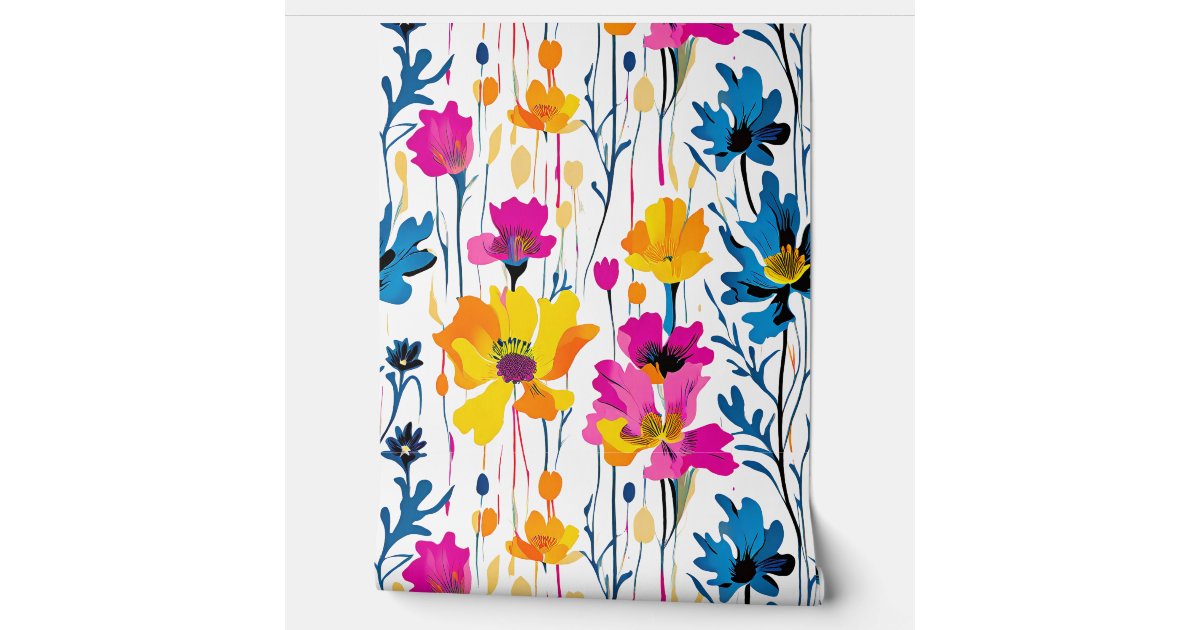 Modern Maximalist Color Pop Ink Floral Art Wallpaper | Zazzle