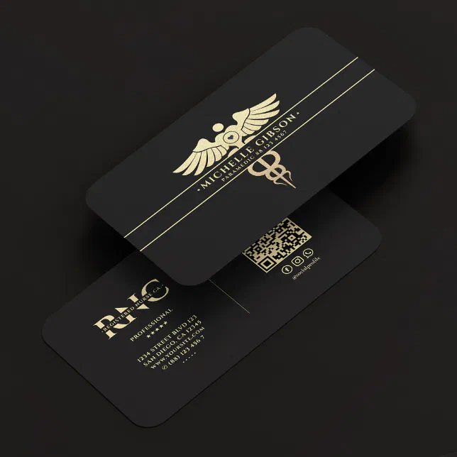 Modern Medical Doctor Monogram Caduceus Black Gold Business Card | Zazzle