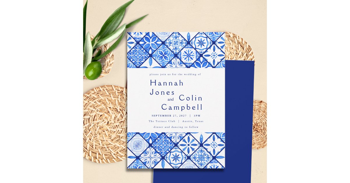 Modern Mediterranean Blue Tile Wedding Invitation | Zazzle