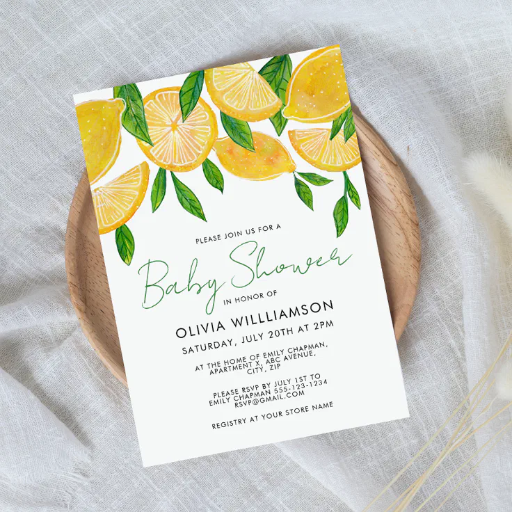 Modern Mediterranean Lemon Baby Shower Invitation | Zazzle