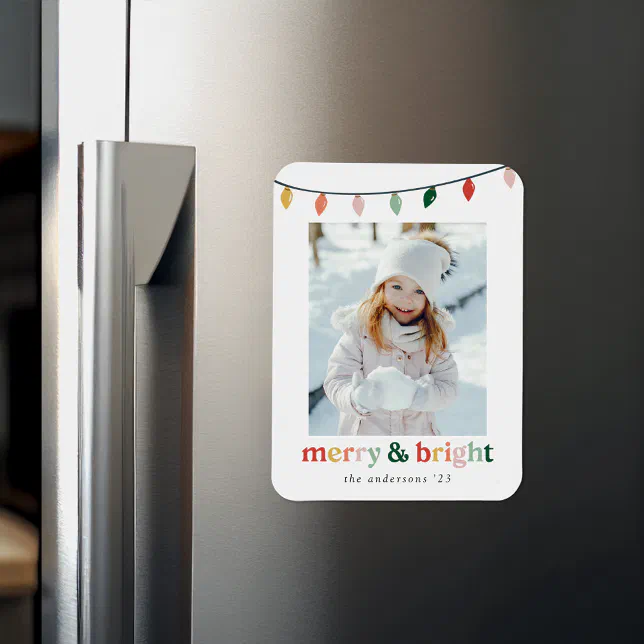 Modern Merry and Bright Holiday Photo Magnet | Zazzle