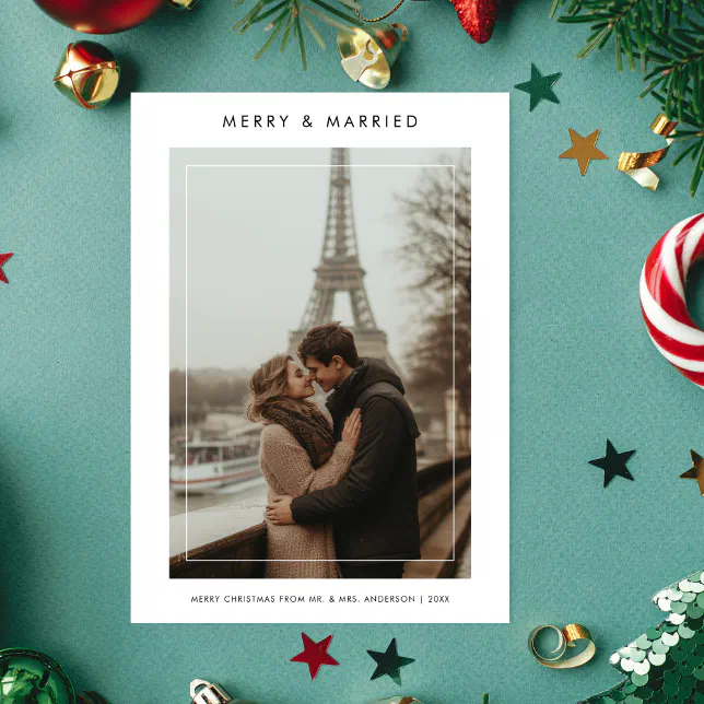 Modern Merry and Married Christmas Photo Holiday Card | Zazzle