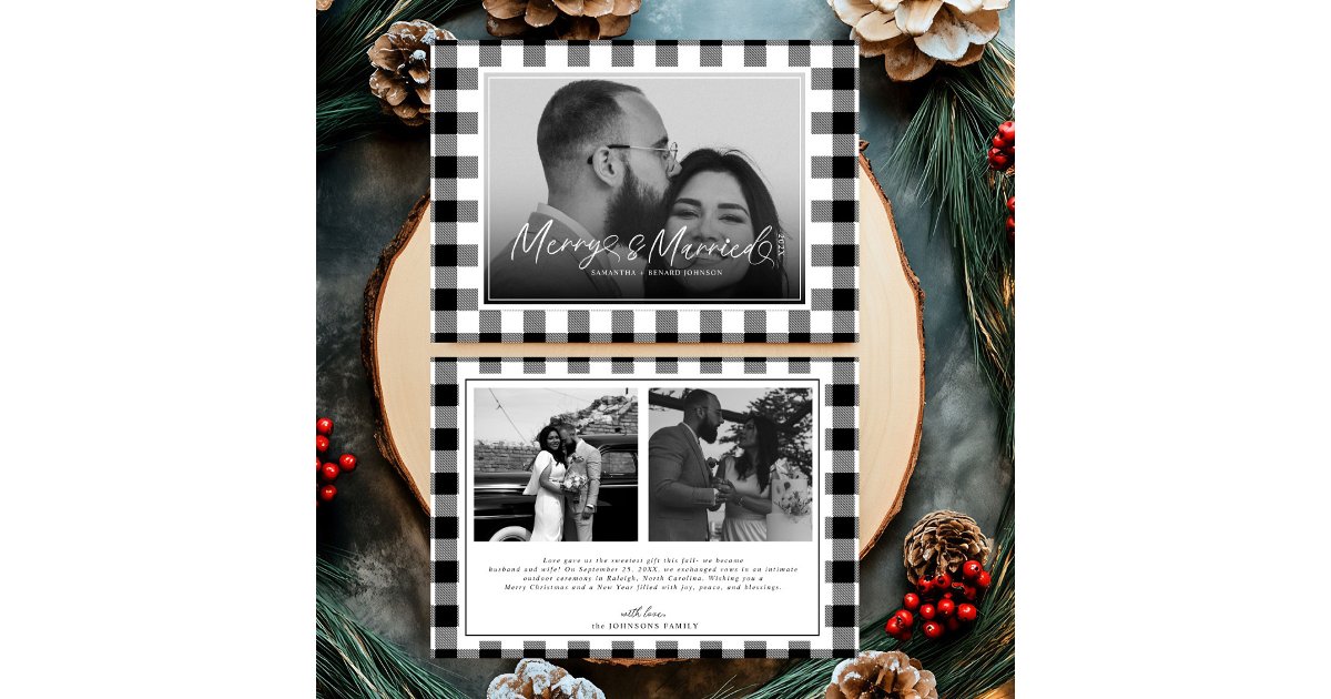 Modern Merry and Married Newlywed Plaid Christmas Holiday Card | Zazzle