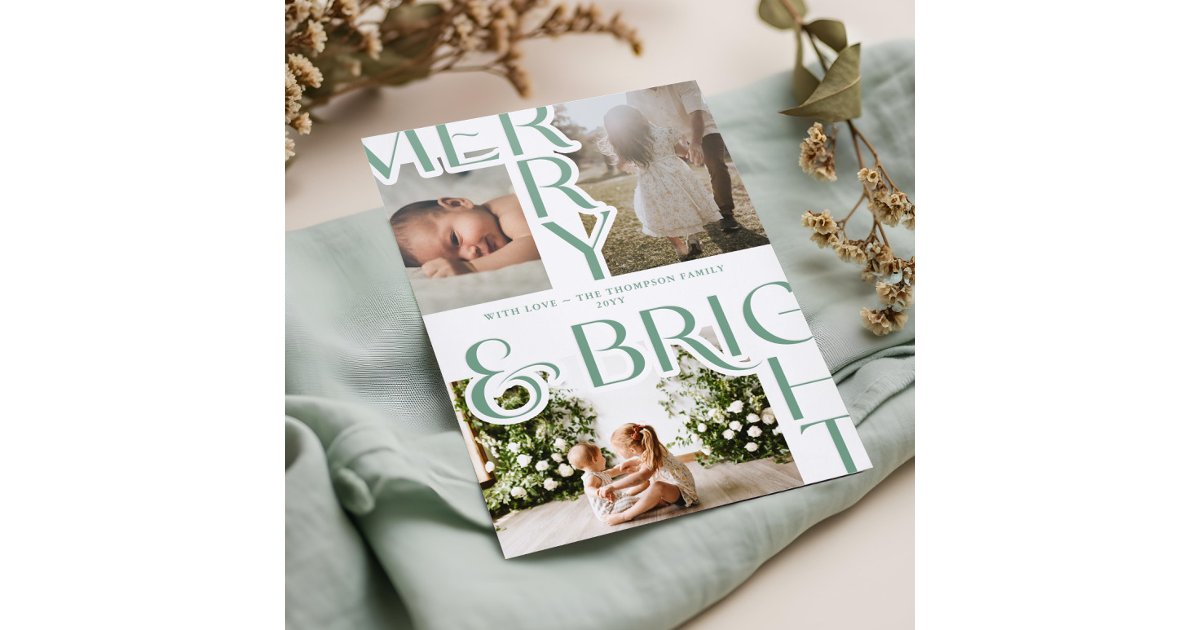 Modern Merry And Bright Bold Typography Christmas Letterpress Photo Cards