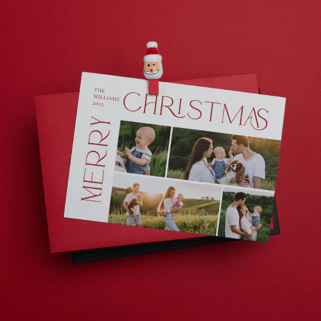 Modern Merry Christmas 4 Photo Red Typography Holiday Card | Zazzle