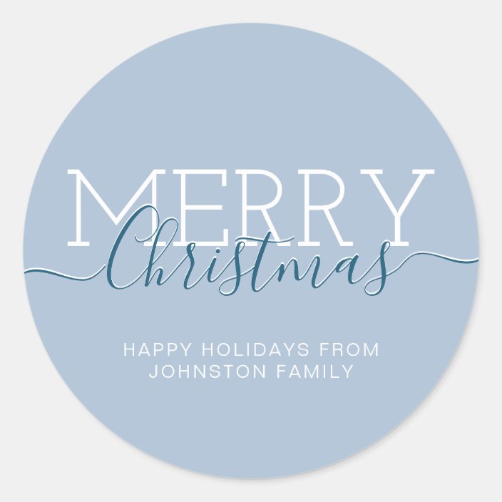 Modern Merry Christmas holiday pastel blue Classic Round Sticker ...