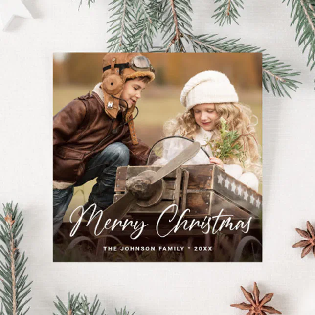 Modern Merry Christmas One PHOTO Greeting Simple Holiday Card | Zazzle