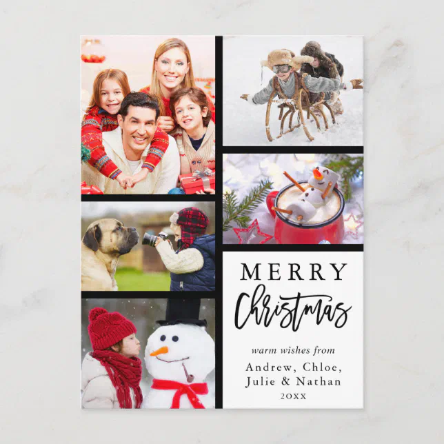 Modern Merry Christmas Photo Collage Holiday Postcard | Zazzle