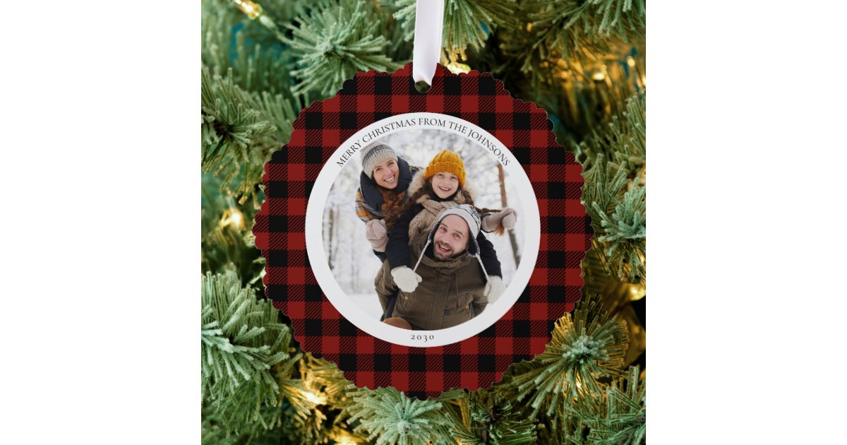 Modern Merry Christmas Red Buffalo Check Photo Ornament Card | Zazzle