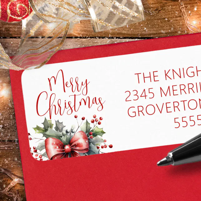 Modern Merry Christmas Script Red Bow Label | Zazzle